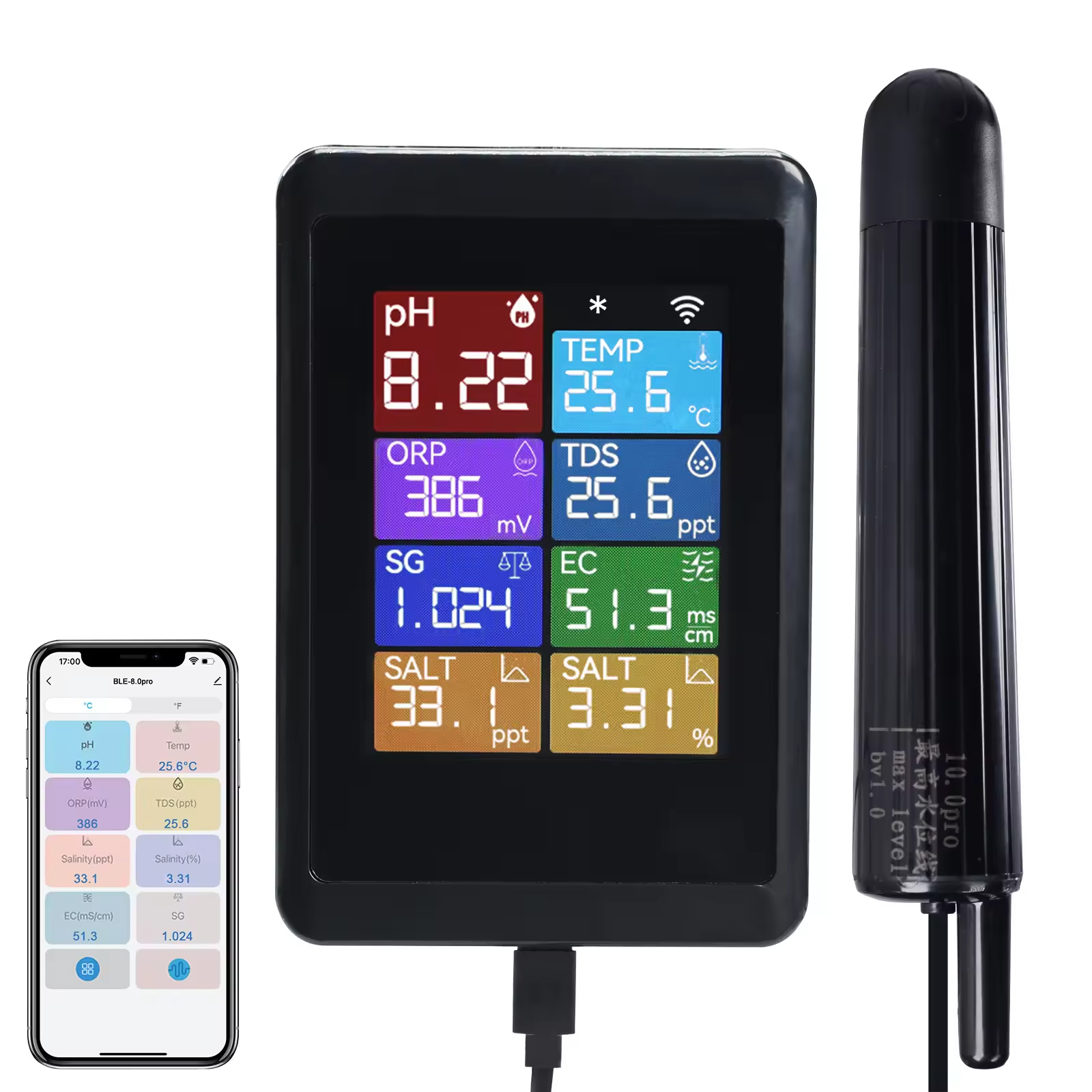 PHWIFI-8IN1-PRO Tuya WiFi Smart pH Meter 8-in-1, Multi-Parameter Water ...